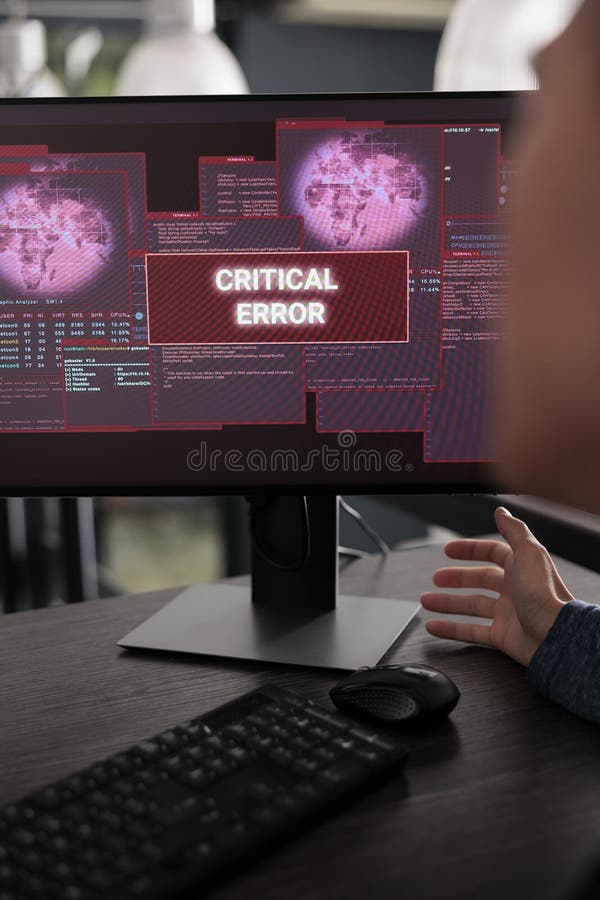 Asian It Programmer Writing Html Code Encountering Hacking Alert On Computer Monitor Stock Image