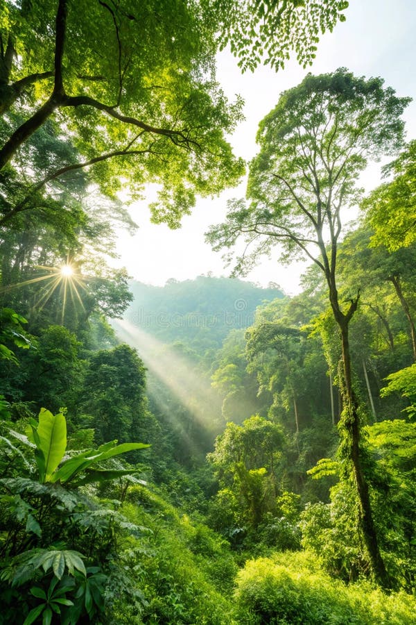 Asian Rainforest with Sun Rays Stock Illustration - Illustration of ...