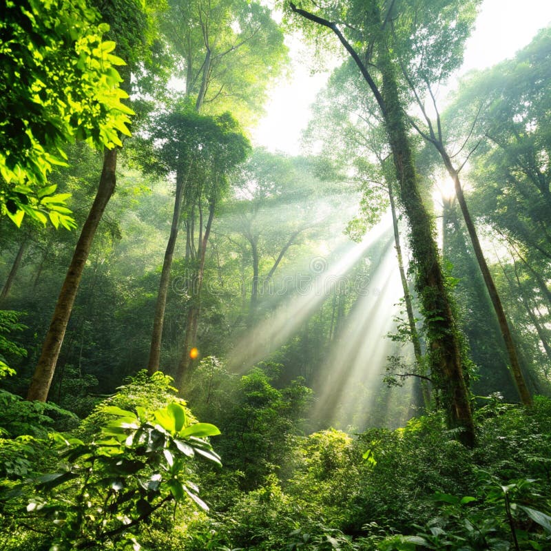 Asian Rainforest with Sun Rays Stock Illustration - Illustration of ...