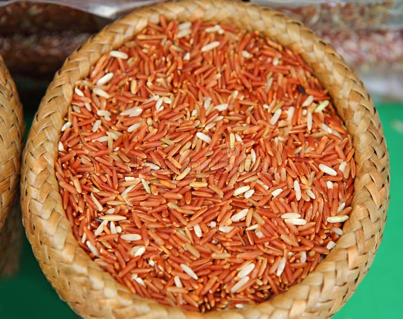 Asian Red Jasmine Rice in Bamboo Weave Basket Stock Photo - Image of ...