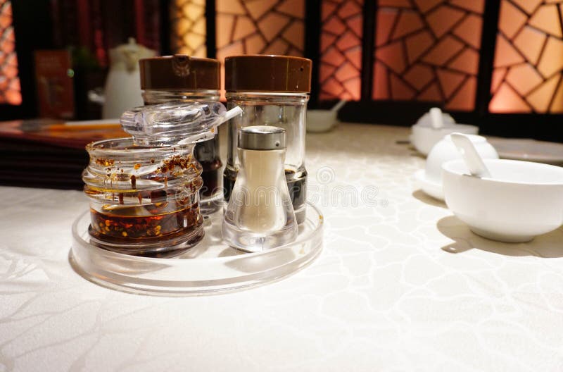 Asian Restaurant Table Condiments Stock Image - Image of seeds, soya ...