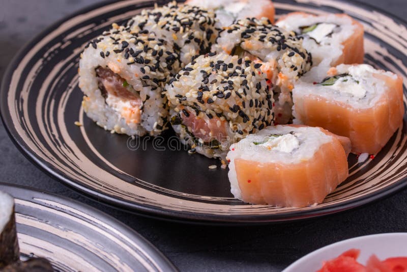 Asian rice and fish rolls stock image. Image of nori - 192262793