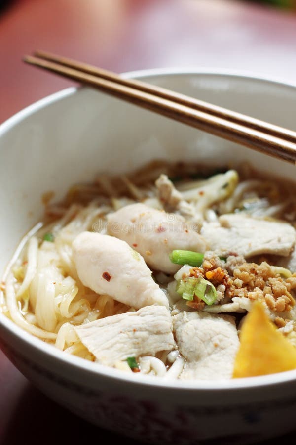 Asian Rice Noodle Soup with Pork and Fish Ball. Stock Image - Image of ...