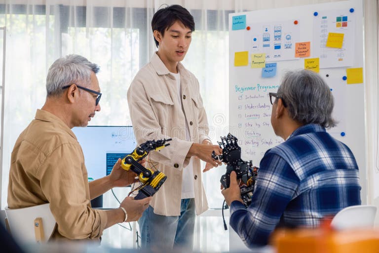 Asian Robot Arm Engineers Brainstorming in Workshop To Develop Control ...