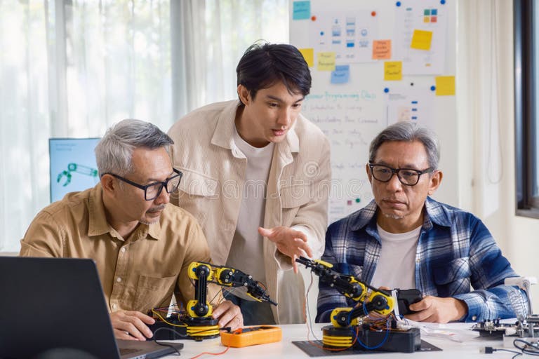 Asian Robot Arm Engineers Brainstorming in Workshop To Develop Control Technology with Teamwork ...