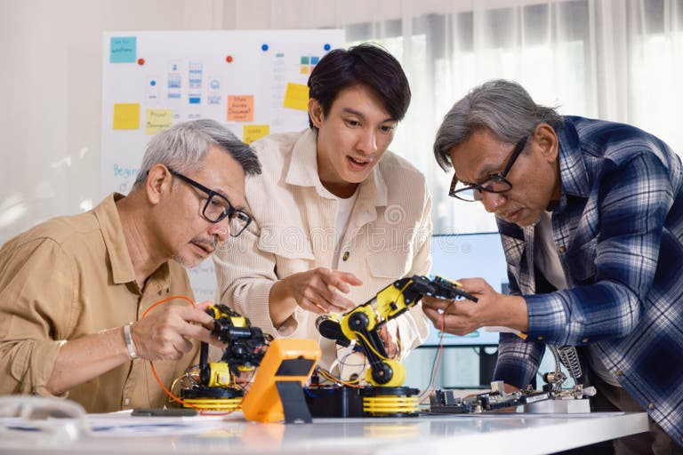 Asian Robot Arm Engineers Brainstorming in Workshop To Develop Control Technology with Teamwork ...