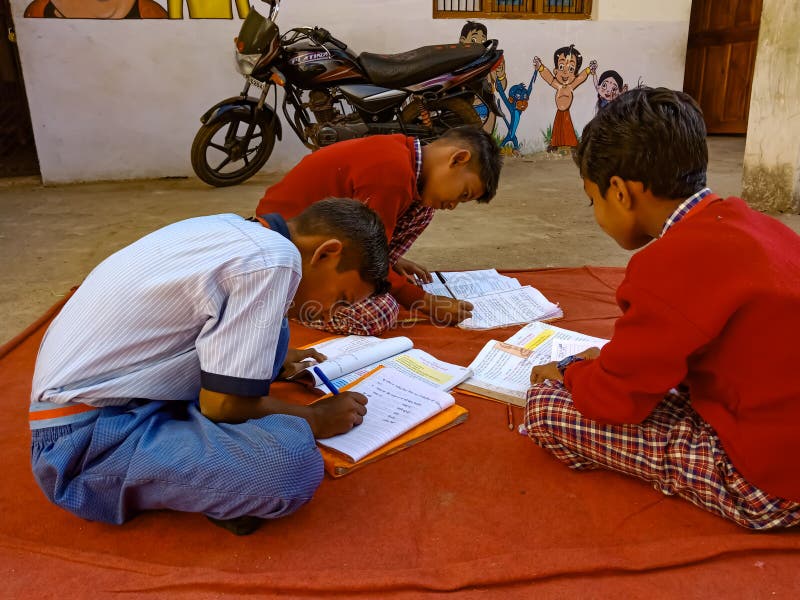 Asian School Students Writing during Common Test at Open Area Class in ...