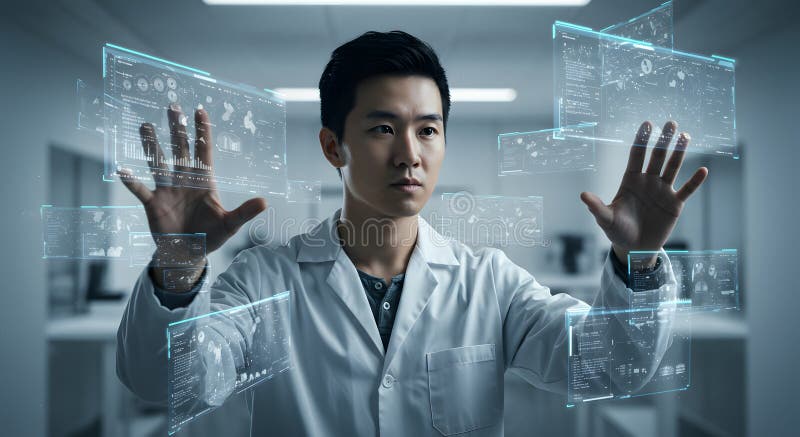 Asian Scientist in Lab Coat Interacts with Floating Screens Displaying ...