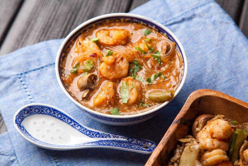 Asian shrimp soup and rice stock photo. Image of dish - 72880134