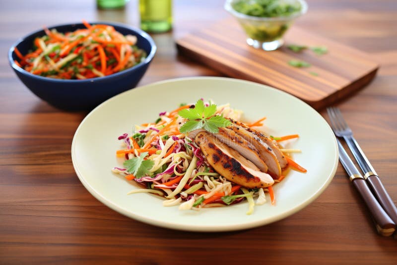 Asian Slaw with Grilled Chicken Strips, Side Dish Setting Stock Image ...