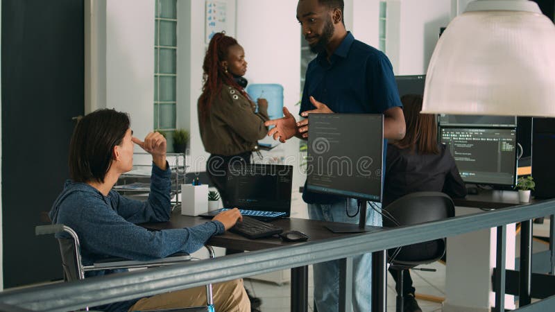 Web Developer In Wheelchair Working On Server Coding In Big Data Office Stock Image Image Of