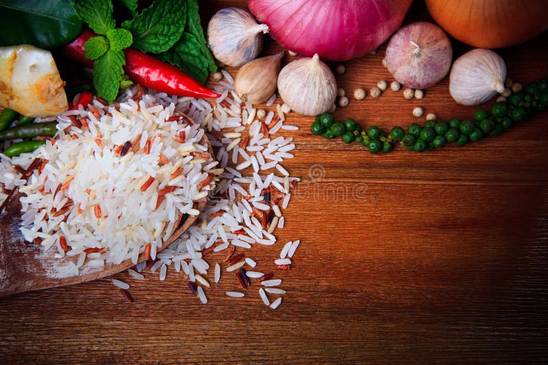 Asian Spice Herb and Rice on Wood Table Stock Photo - Image of herb ...