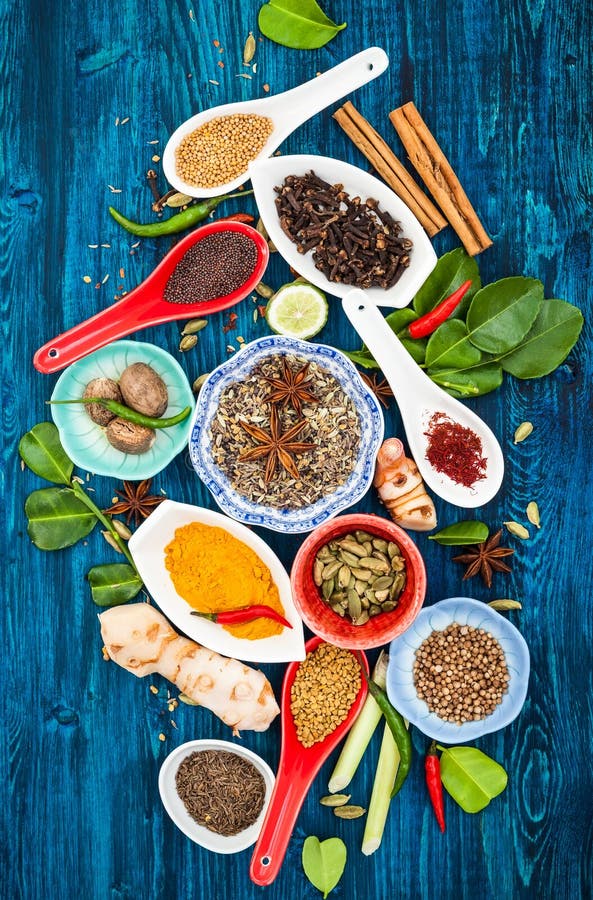 Variability of Asian Spices on Wooden Table Stock Image - Image of ...