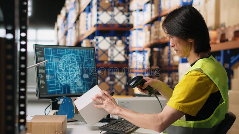 Asian Staff Member Using Artificial Intelligence To Scan Shipping ...