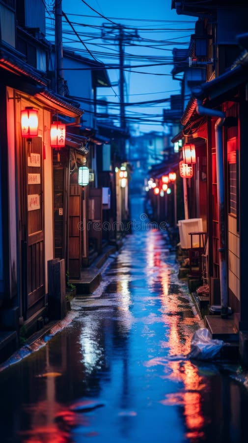 An Asian Street at Night with Red Lanterns Stock Illustration ...