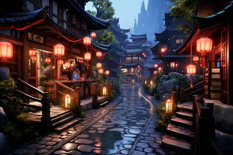 An Asian Street Scene with Lanterns and Lanterns Stock Illustration ...
