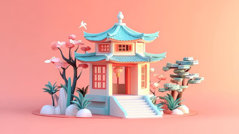 Asian Structures in Pastel Hues, Hills As a Backdrop, Created with 3D Rendering Techniques, and ...