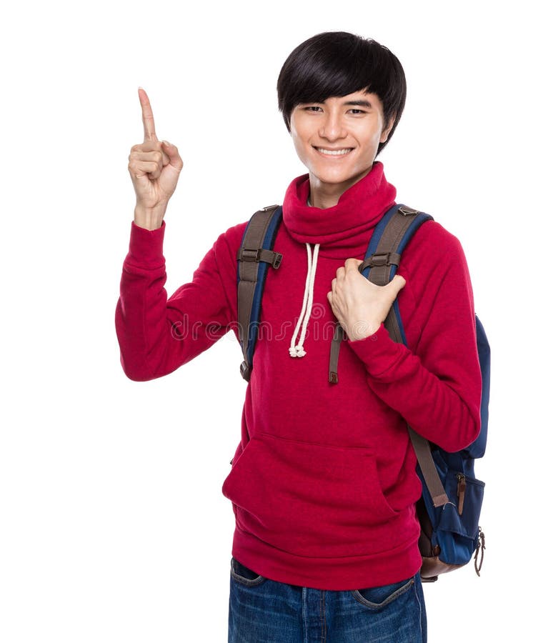 Asian Student with Backpack and Finger Point Out Stock Image - Image of ...