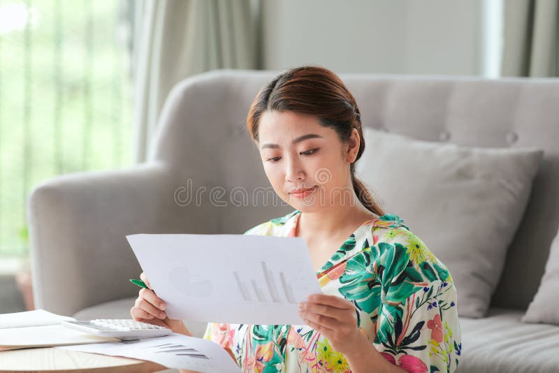 Asian Student Study and Do Home Work in Living Room Stock Photo - Image ...