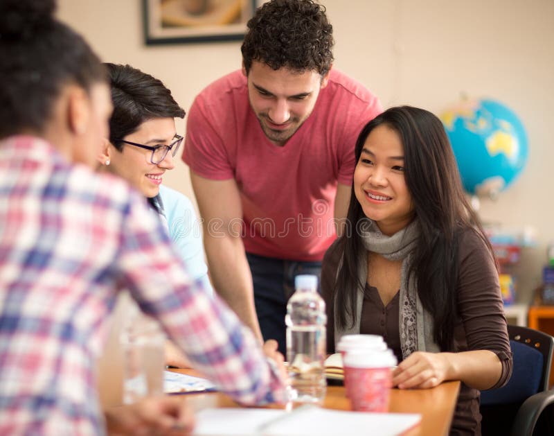 Asian Student Studying with Colleagues in Classroom Stock Image - Image ...