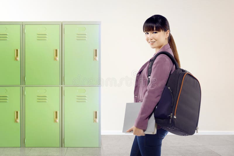 Asian Student Woman with Backpack and Book on the School Stock Photo ...