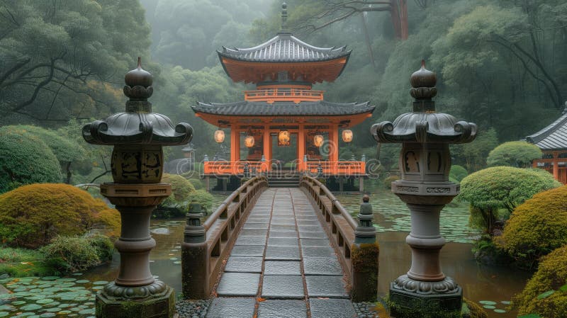 Asian Style Bridge Landscape Design Stock Illustration - Illustration ...