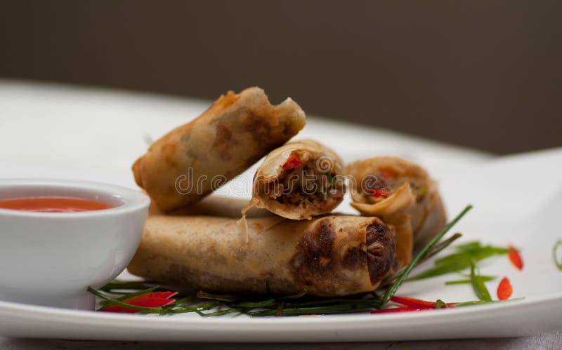 Crunchy Spring Rolls with Hot Sauce Stock Image - Image of rolls ...