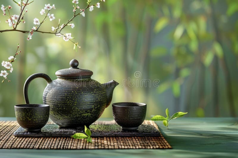 Asian Style Green Tea Set Standing on a Bamboo Mat Stock Image - Image ...