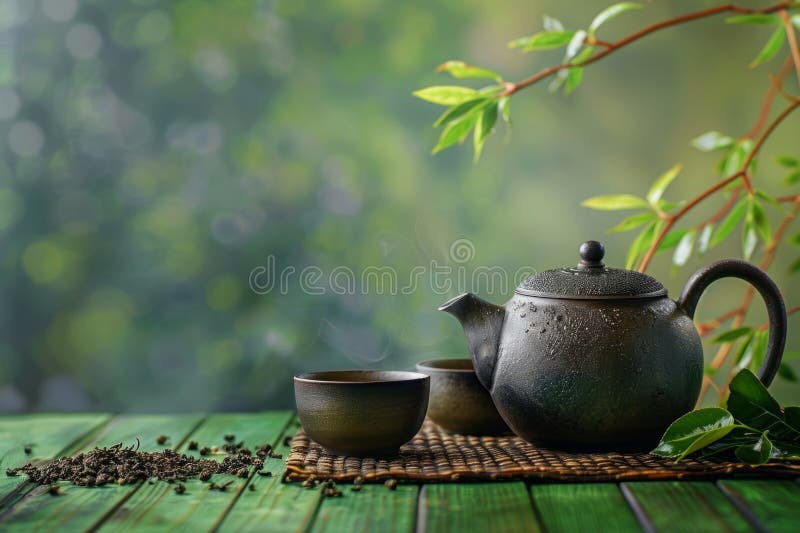 Asian Style Green Tea Set Standing on a Bamboo Mat Stock Photo - Image ...