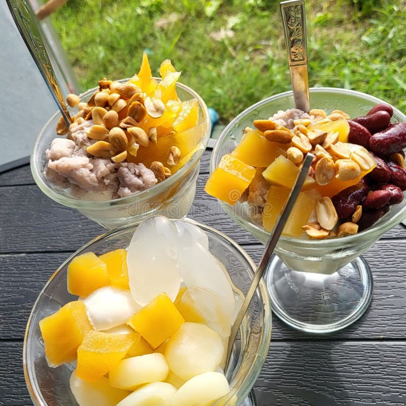 Asian Style Ice Cream with Various Fruit Toppings. Stock Image - Image ...