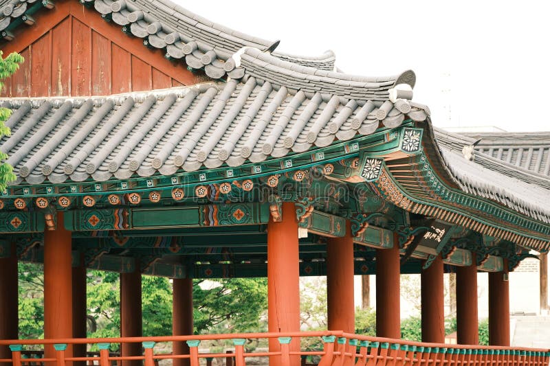 Asian-style Pavilion Featuring Several Vibrant Orange Pillars Stock ...