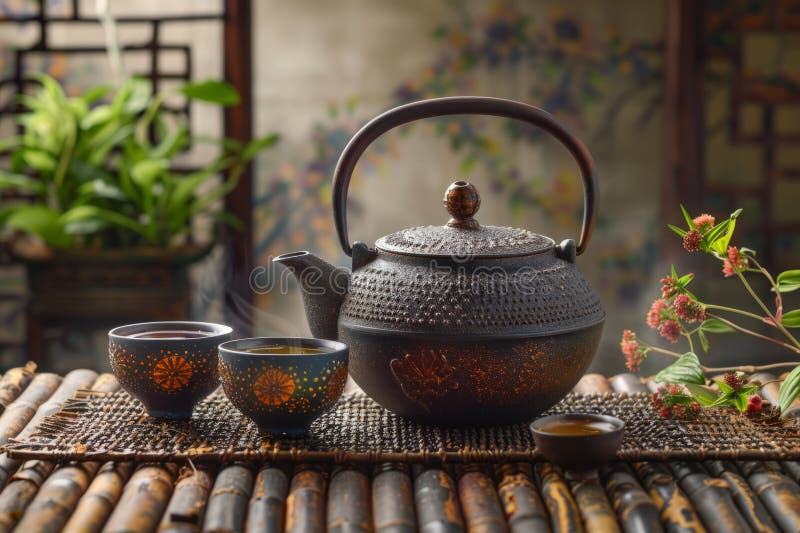 Asian Tea Ceremony Set with Cast Iron Teapot and Cups on Bamboo Tray ...