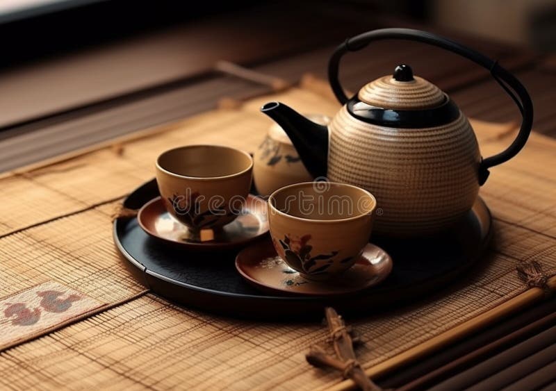 Asian Tea Concept Mockup, Brown Cups of Tea and Teapot Surrounded with ...