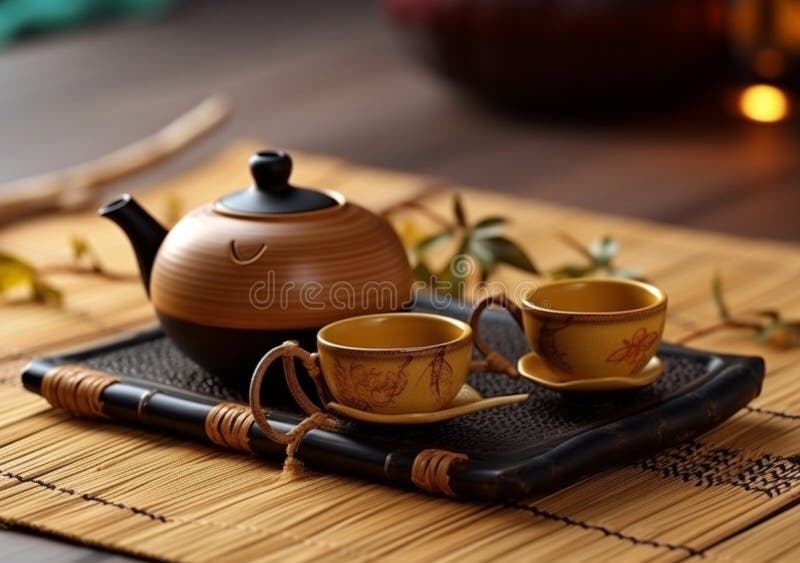 Asian Tea Concept Mockup, Brown Cups of Tea and Teapot Surrounded with ...