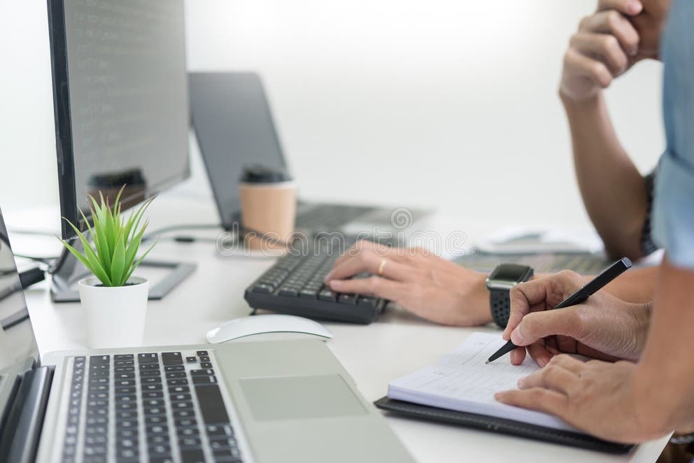 Asian Team Outsource Developer Looking Screen Programming Code Working ...