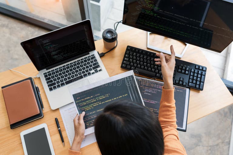 Asian Team Outsource Developer Looking Screen Programming Code Working With Laptop Computer