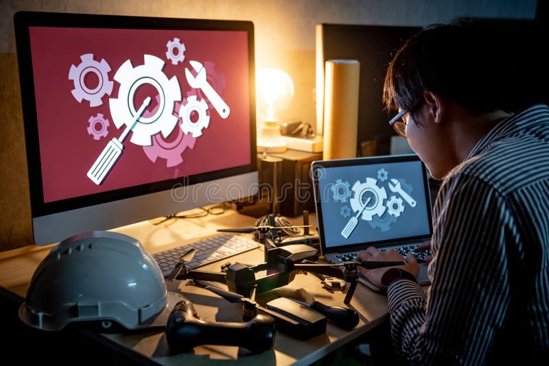 Asian Technical Engineer Repairing Drone Using Laptop Stock Image ...