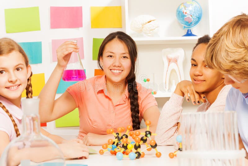 Asian Teenage Student in Science Class with Flask Stock Photo - Image ...