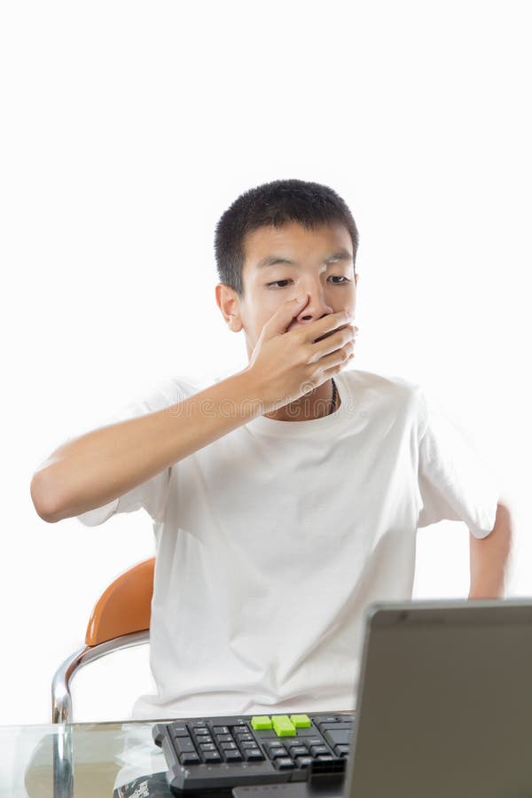 Asian Teenager Using Computer with Surprising Face Stock Image - Image ...