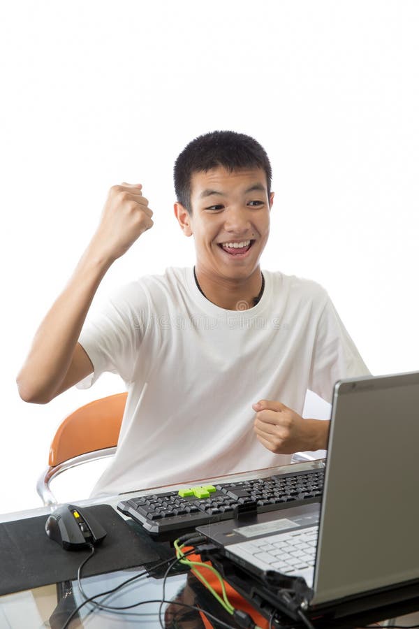Asian Teenager Using Computer with Victory Gesture Stock Image - Image ...