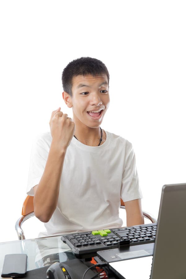 Asian Teenager Using Computer with Victory Gesture Stock Image - Image ...