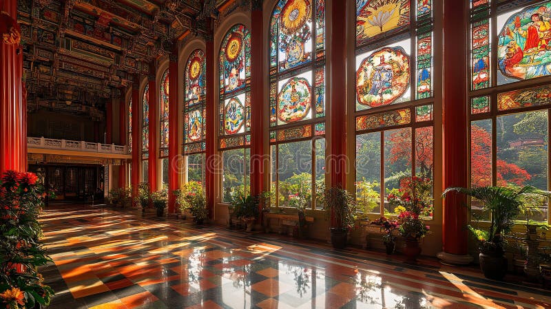 Asian Temple Hall, Sunlight through Stained Glass, Garden View Stock ...