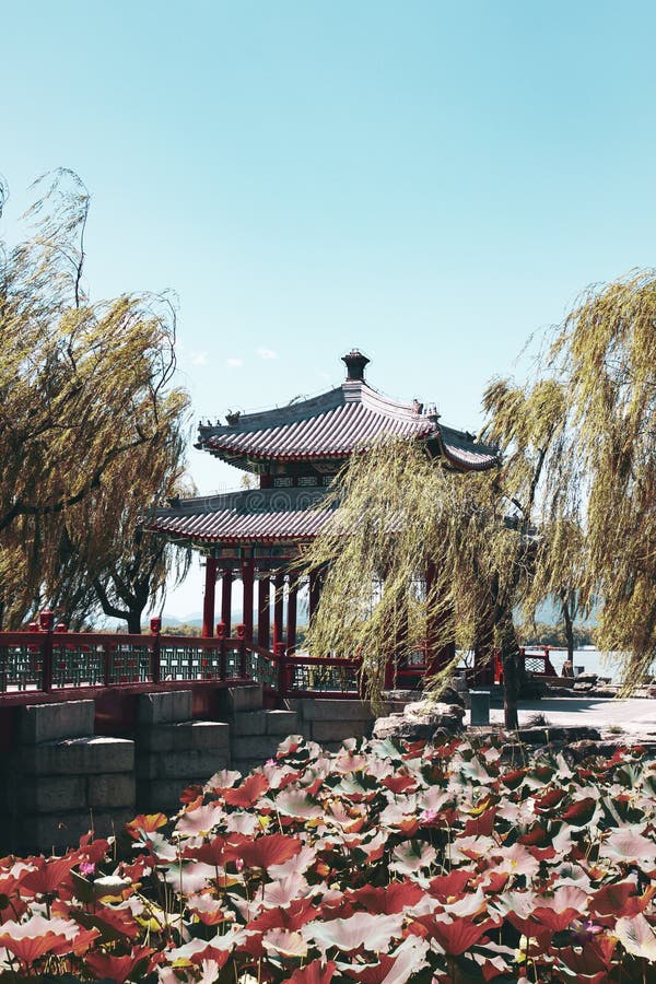 Asian Temple in Pekin, China with a Bridge, Trees and River Stock Image ...