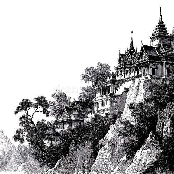 Asian Temple Perched on a Cliffside Dramatic Black and White ...