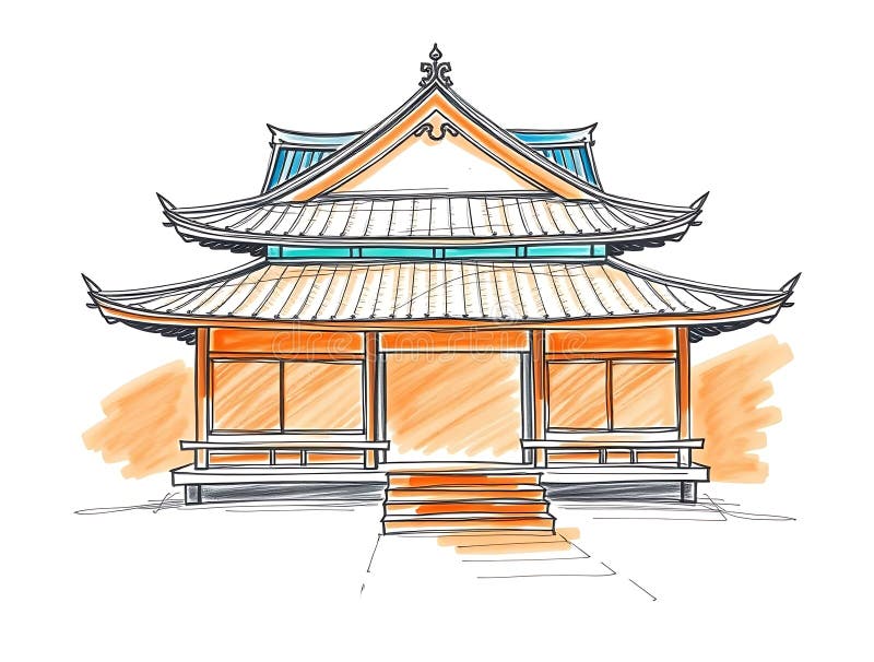 Asian Temple Sketch with Handdrawn Stock Illustration - Illustration of ...