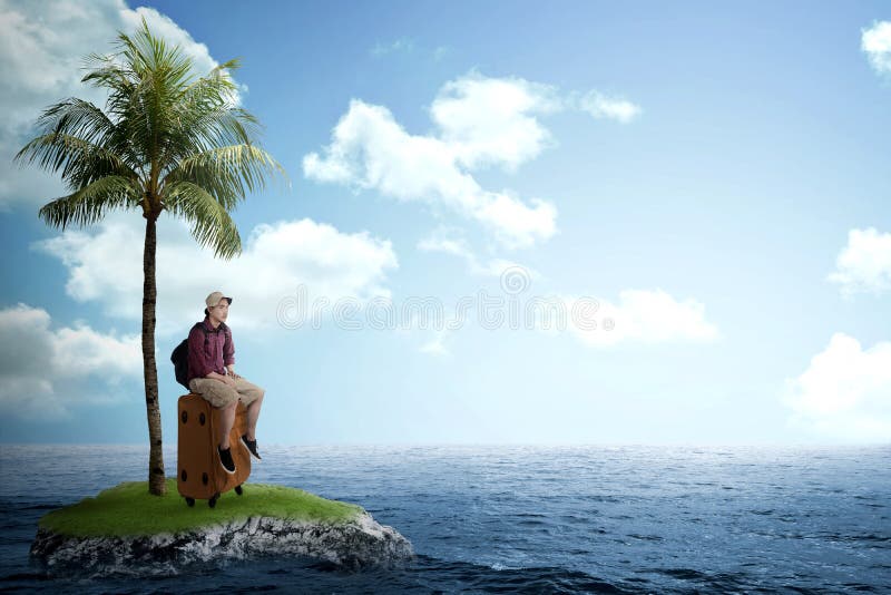 Asian Tourist Sit on the Suitcase on the Small Island Stock Image ...