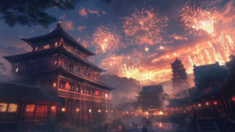 Asian Town Celebrates with Fireworks at Sunset Stock Illustration ...