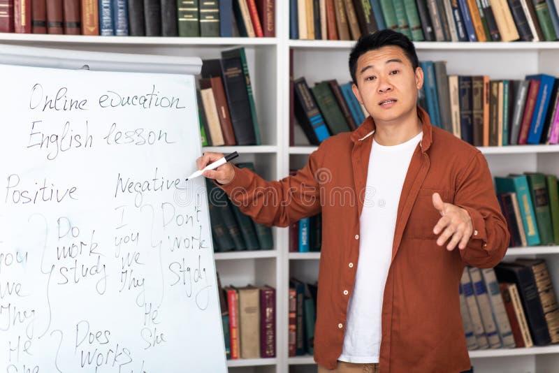 Asian Tutor Talking Pointing At Whiteboard Having Remote Class Indoors