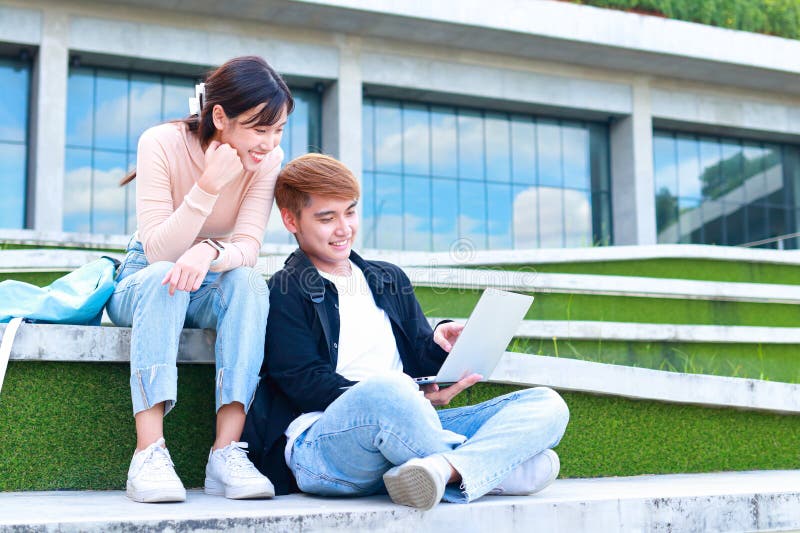 Asian University Students Use Laptops To Study and Prepare for Exams ...