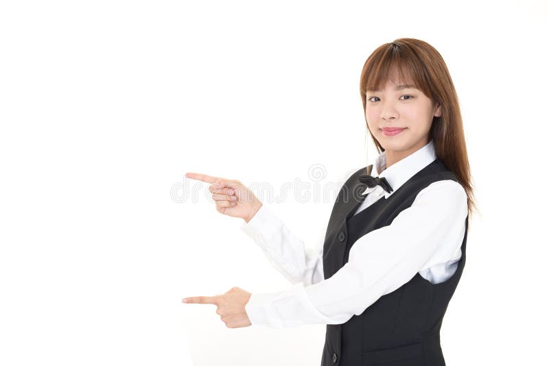Asian Waitress Pointing with Her Fingers Stock Photo - Image of cafe ...
